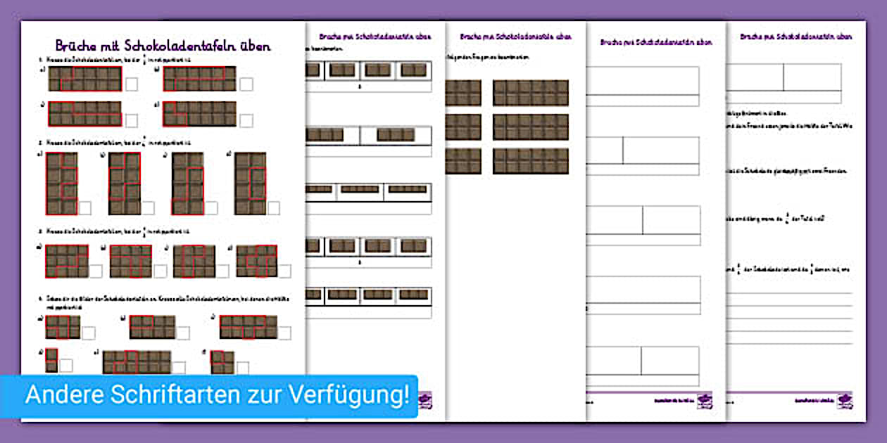Brüche mit Schokoladentafeln üben - Arbeitsblatt - Twinkl