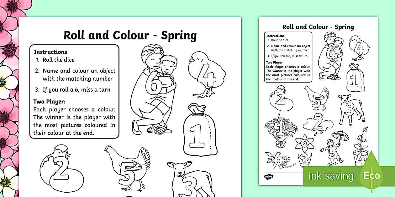 Spring Aistear Roll and Colour Worksheet (teacher made)