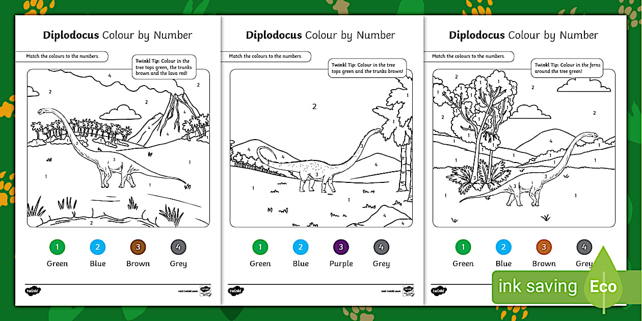 Diplodocus Colour by Number Pages (Teacher-Made) - Twinkl