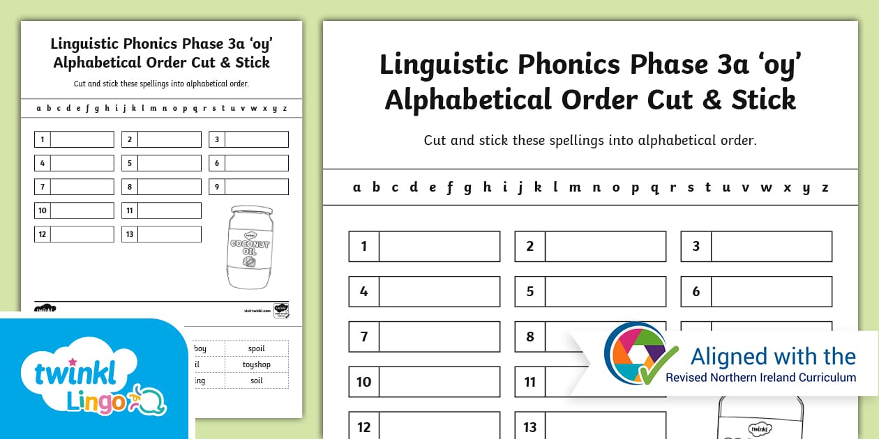 Linguistic Phonics Phase 3a 'oy' Alphabetical Order - Twinkl