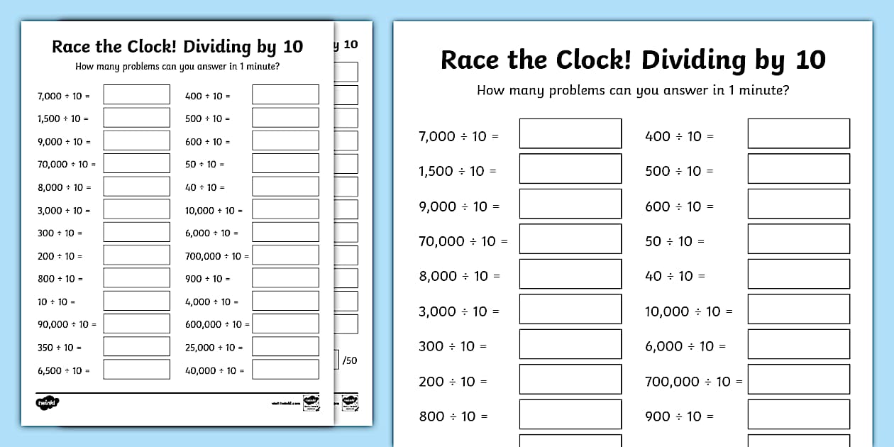 Dividing by 10 Worksheet - Timed Grade 3-5 Math Problems