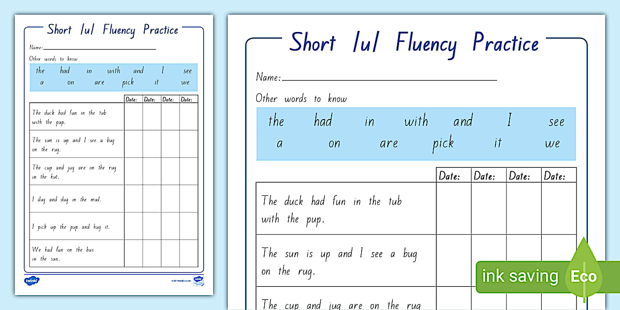 Short /u/ Fluency Record (teacher made) - Twinkl