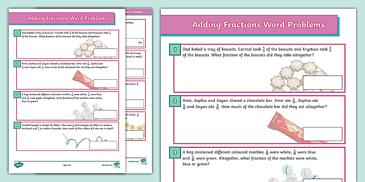 Year 5 Adding Fractions Word Problems Activity Sheet