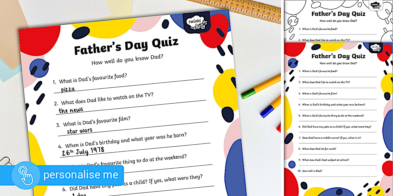 Father's Day Quiz Questions and Answers - Editable