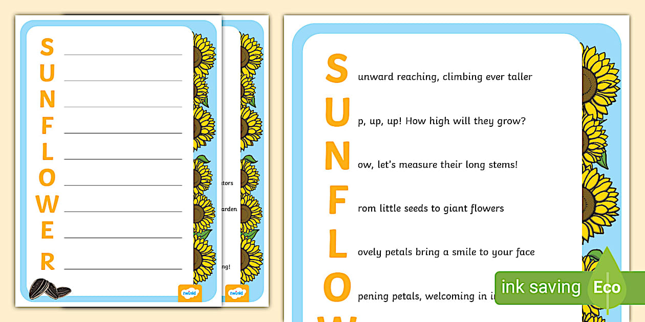 Sunflower Acrostic Poem Example (teacher made) - Twinkl