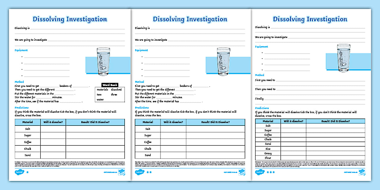 Dissolving Investigation Worksheet (teacher made) - Twinkl