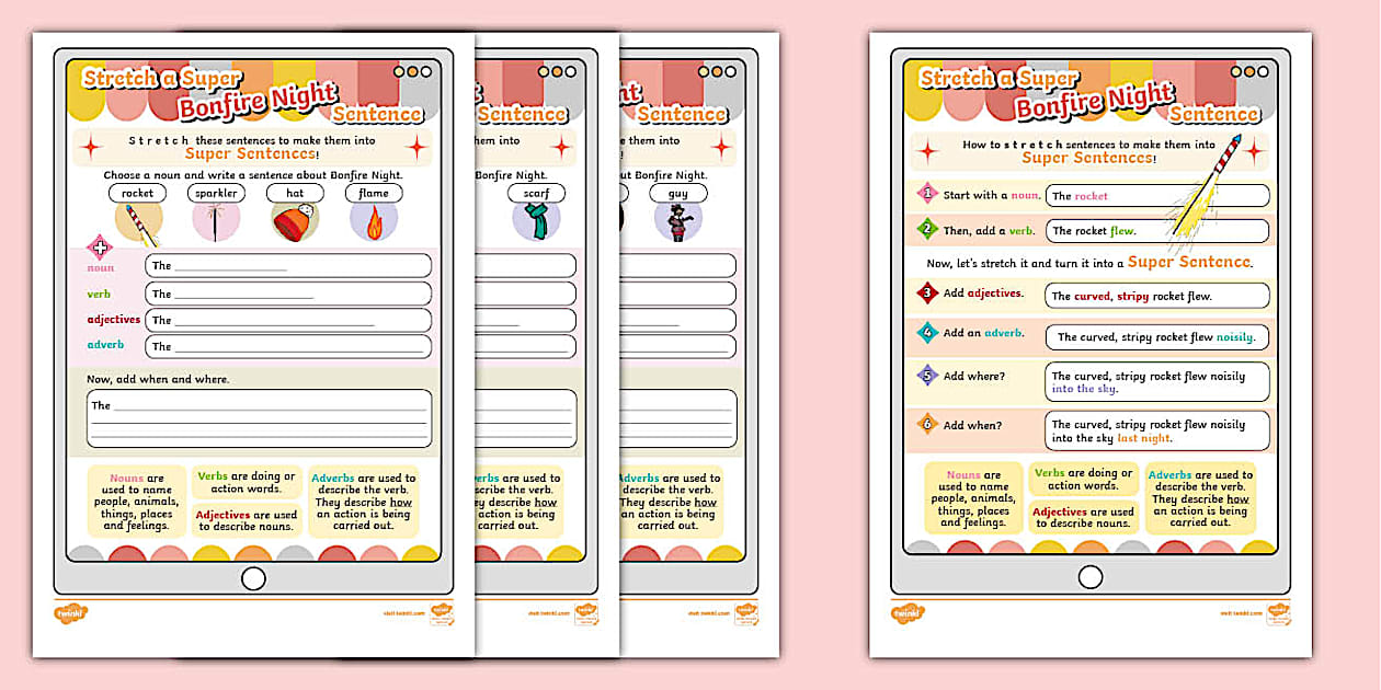 KS1 Stretch a Super Bonfire Night Sentence Activity Sheets