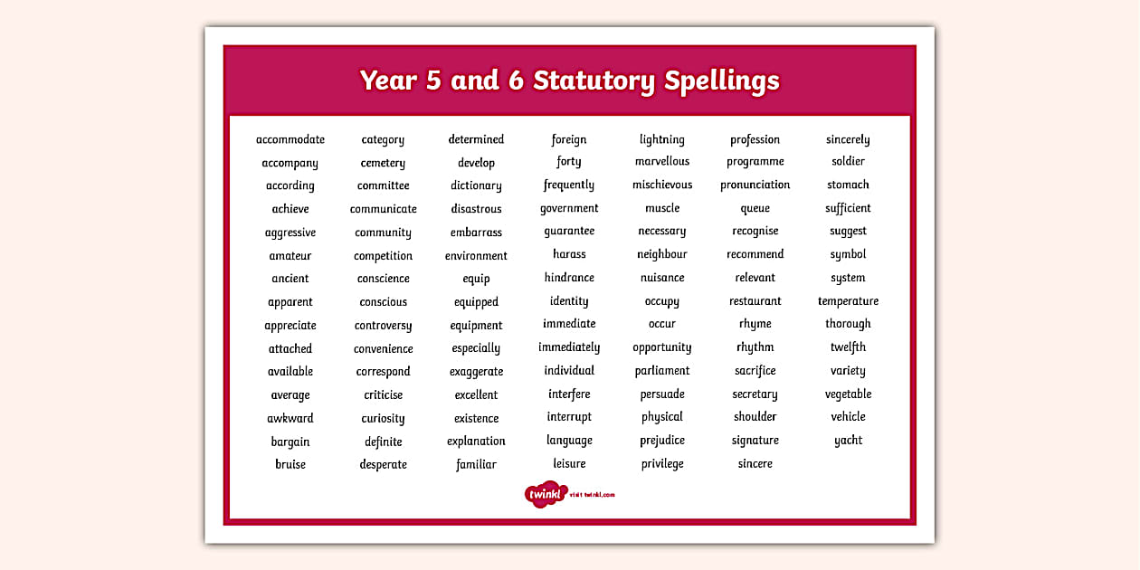 Dyslexic Year 5 and Year 6 Statutory Spellings Word Mat