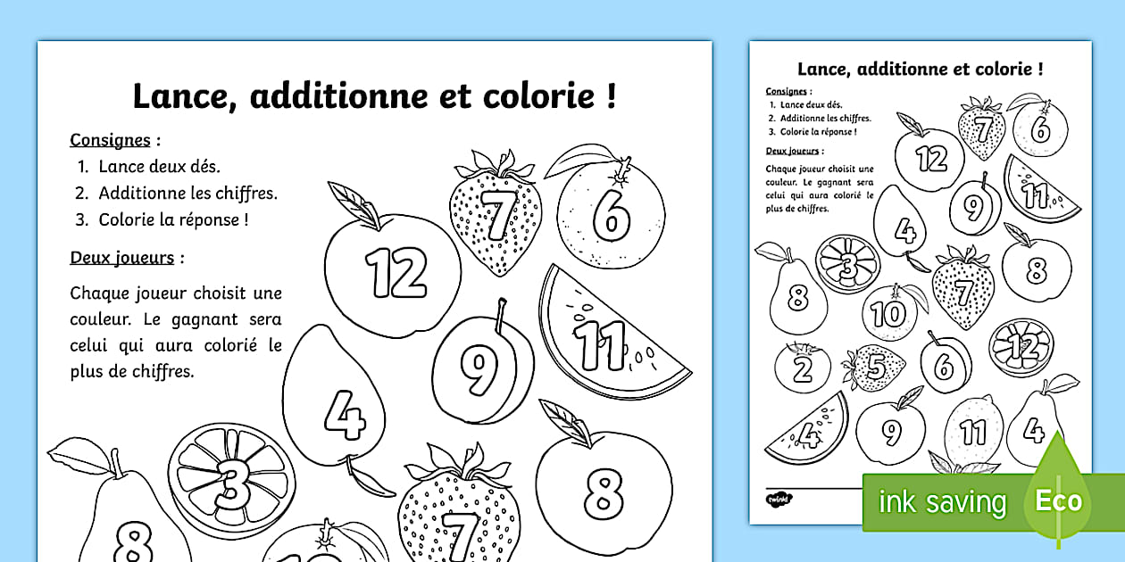 Cursive Feuille d'activités : lance, additionne et colorie les fruits