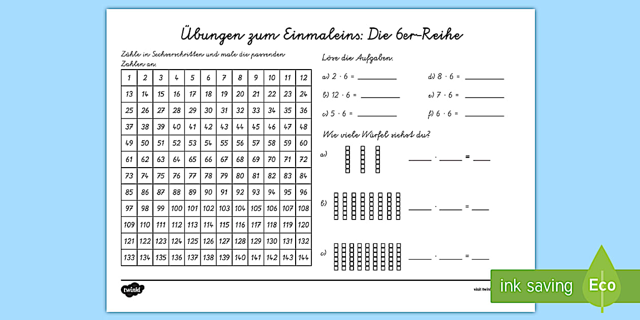 Übungen zum Einmaleins: Die 6er Reihe Arbeitsblatt - Twinkl
