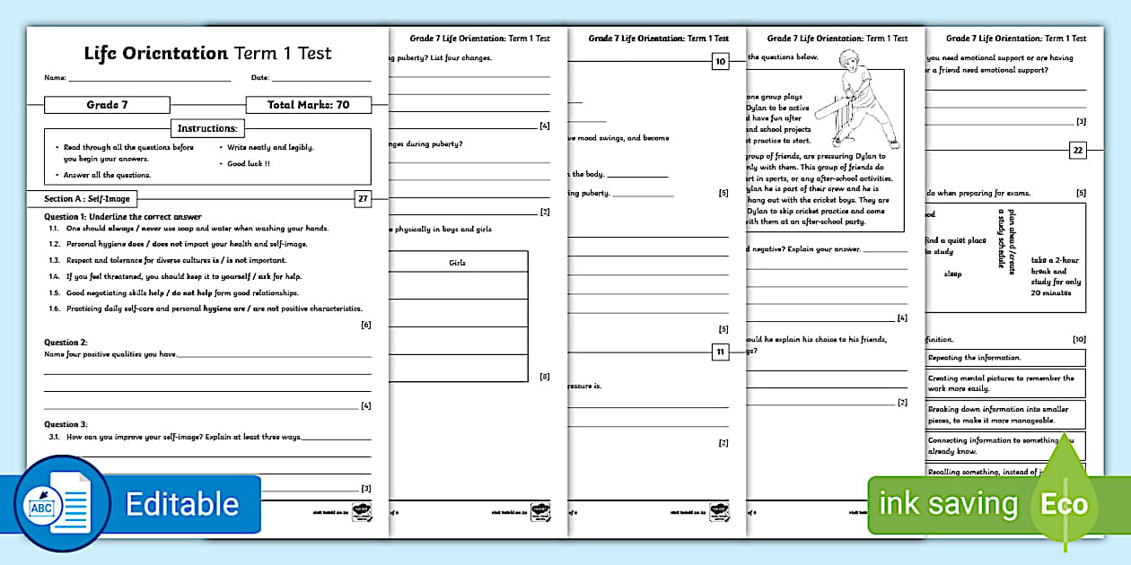 Grade 7: Life Orientation Term 1 Test/ Task - Twinkl
