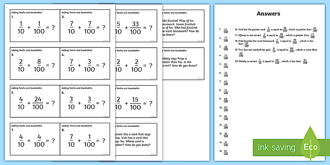 Adding Tenths and Hundredths Decimal Task Cards - Twinkl