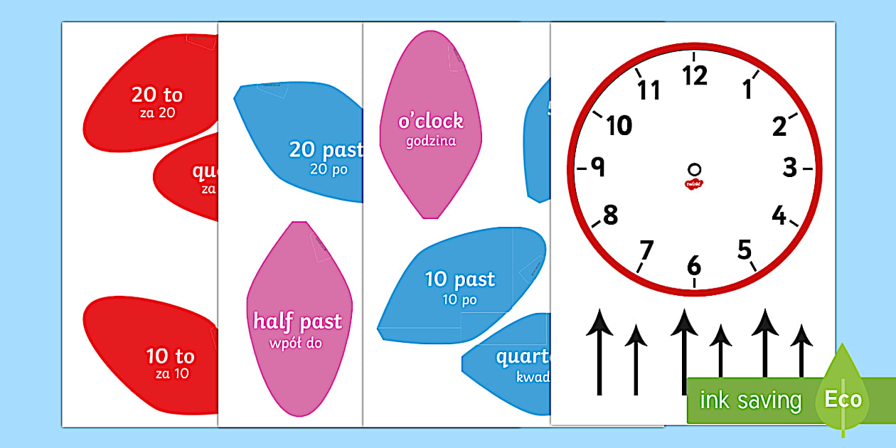 Analogue Clock Flower Labels English/Polish - Analogue Clock Flower Labels