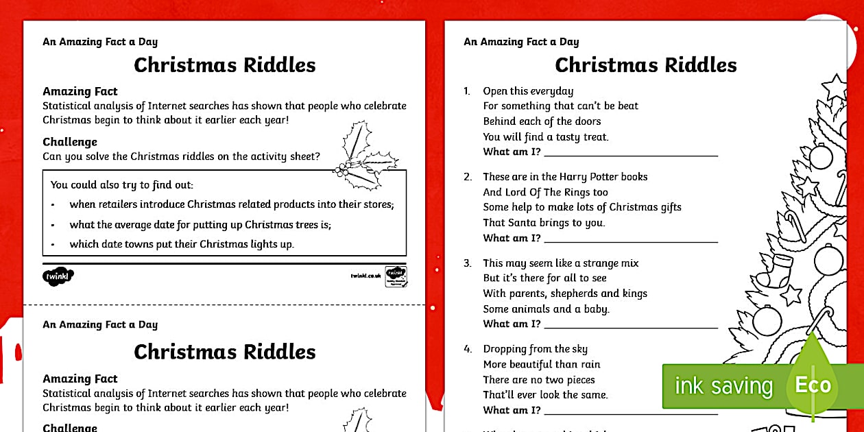 Christmas Riddles for Children - Printable Holiday Worksheet