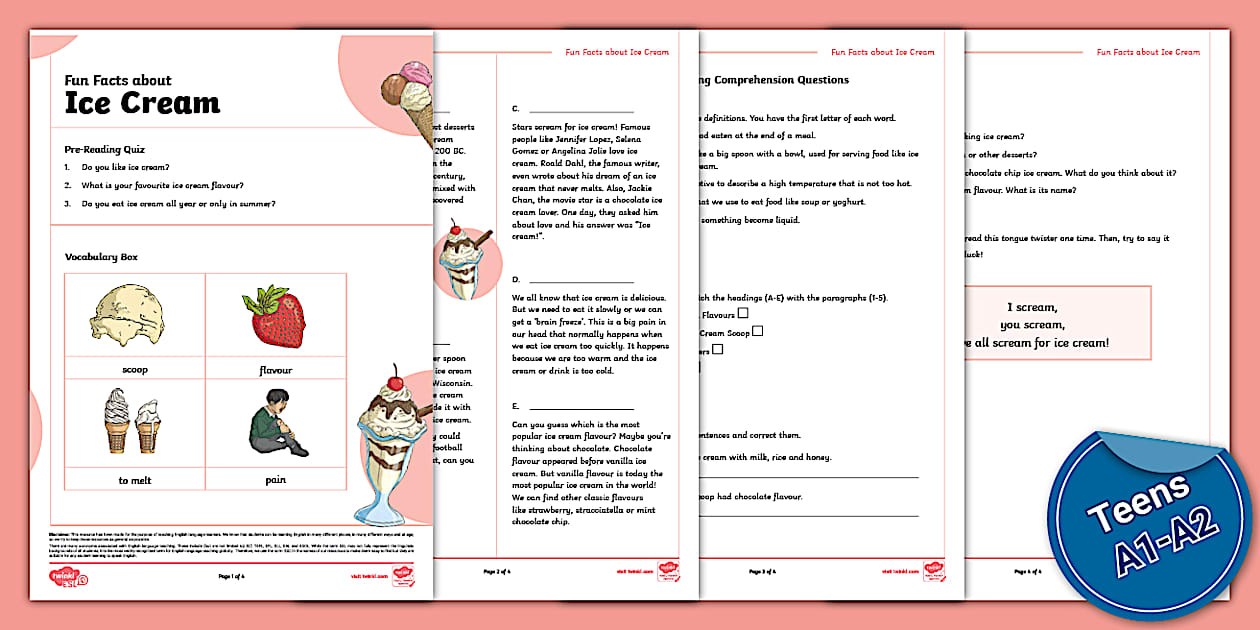Twinkl ESL Reading Comprehension: Ice Cream Fun Facts