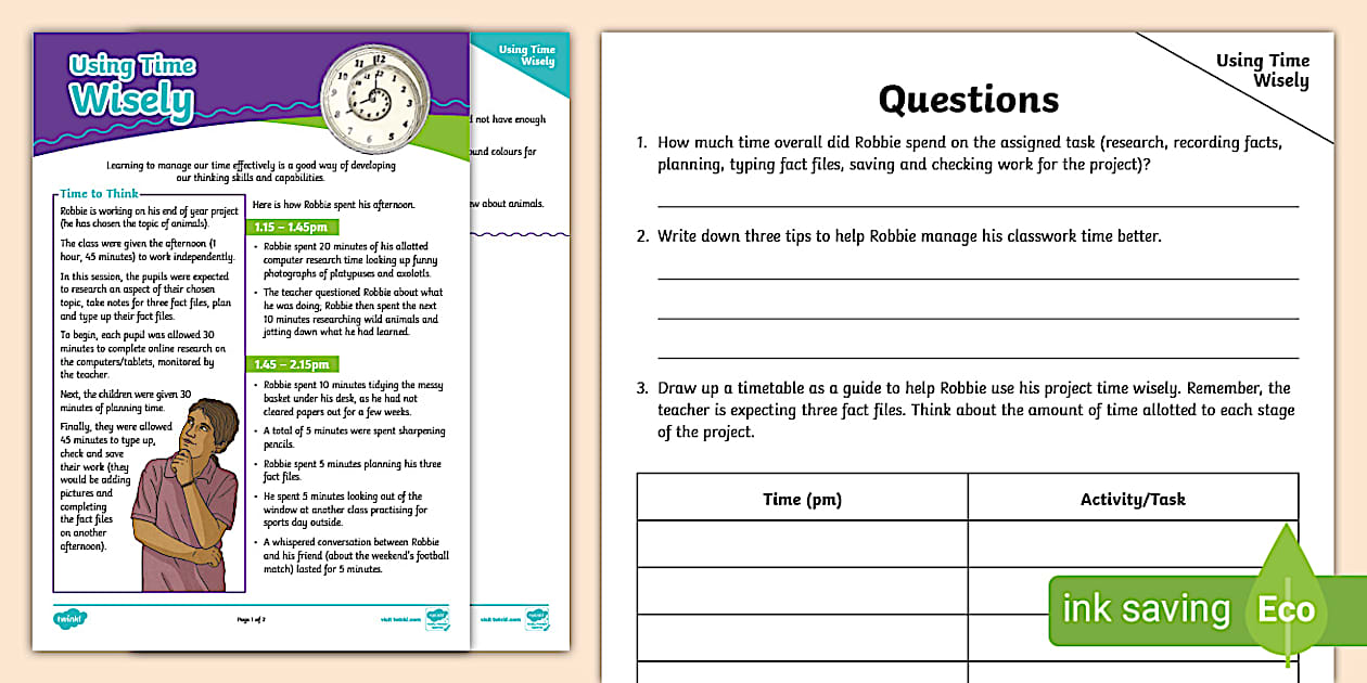 Using Time Wisely Activity Sheets (Teacher-Made) - Twinkl