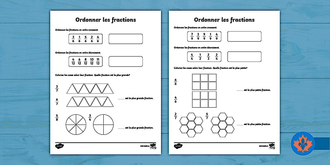 Ordering Fractions Differentiated Worksheet - French