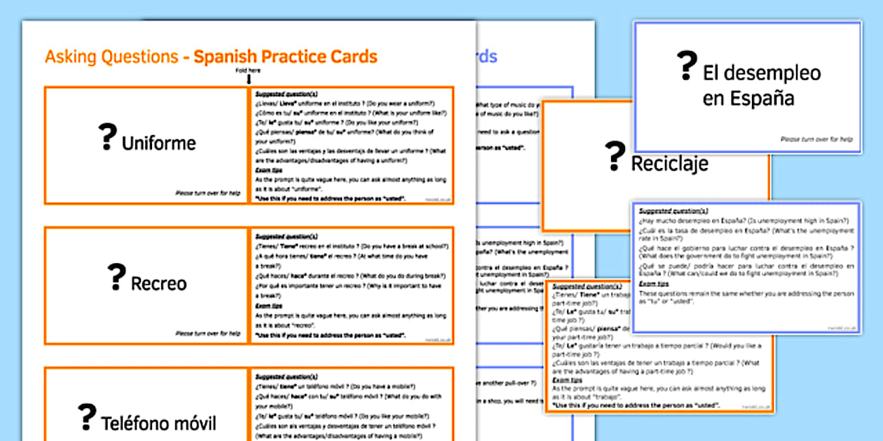 Black and White GCSE Spanish Asking Questions Practice Cards