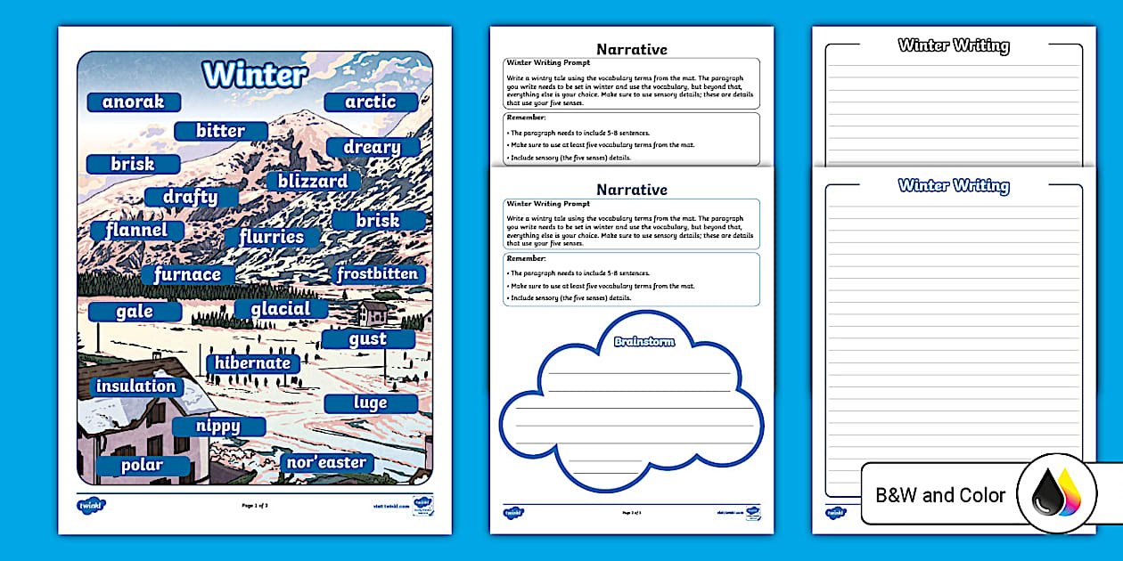Fifth Grade Winter Vocabulary Mat and Writing Worksheet