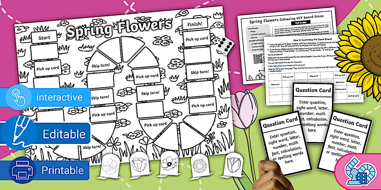 Editable Spring Colouring Board Game with Spring Flowers