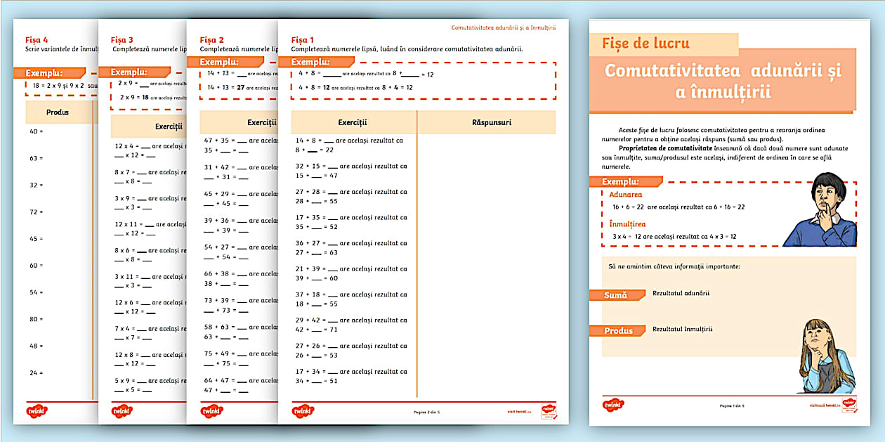 Comutativitatea adunării și înmulțirii – Fișe de lucru
