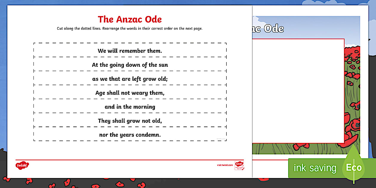 Printable Anzac Day Ode | Sentence Ordering Sheet | Twinkl