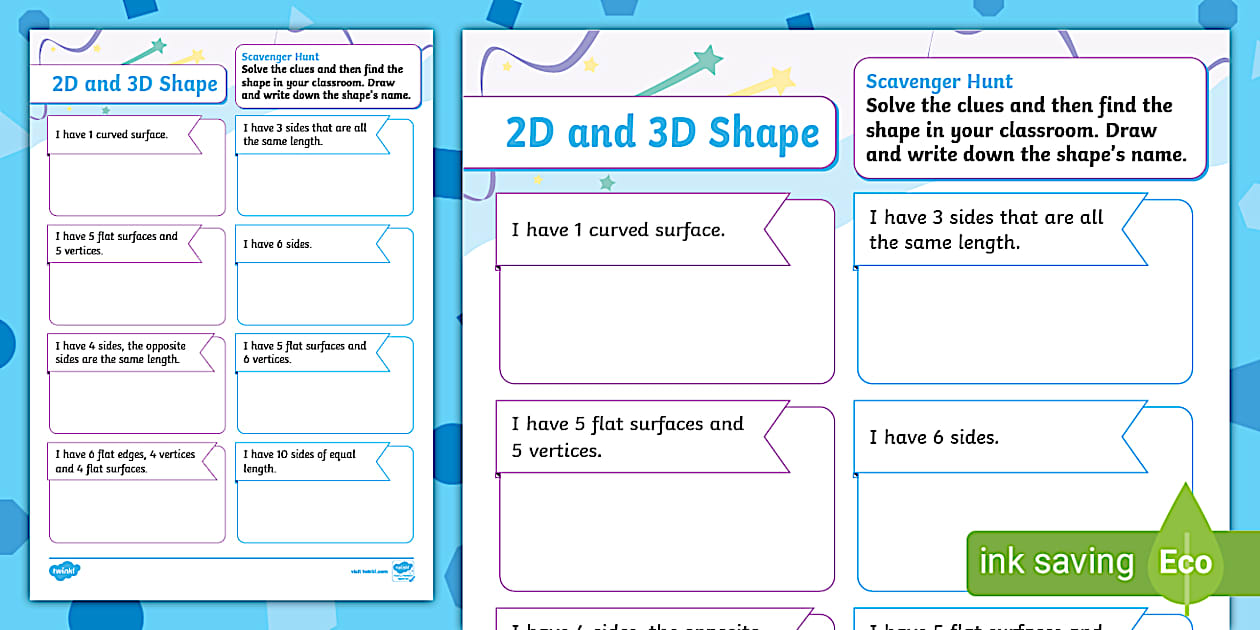 👉 2D and 3D Shape Scavenger Hunt Worksheet (teacher made)