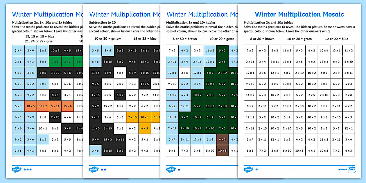 Higher Ability Winter Multiplication Mosaic Worksheets