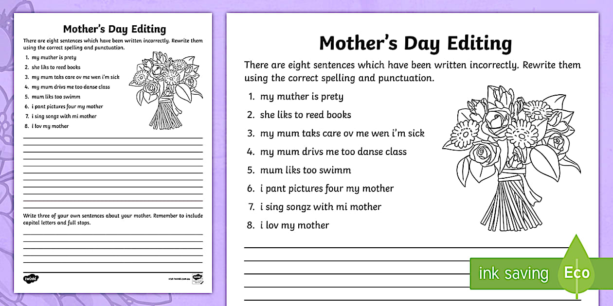 Mother's Day Editing Worksheet (teacher made) - Twinkl