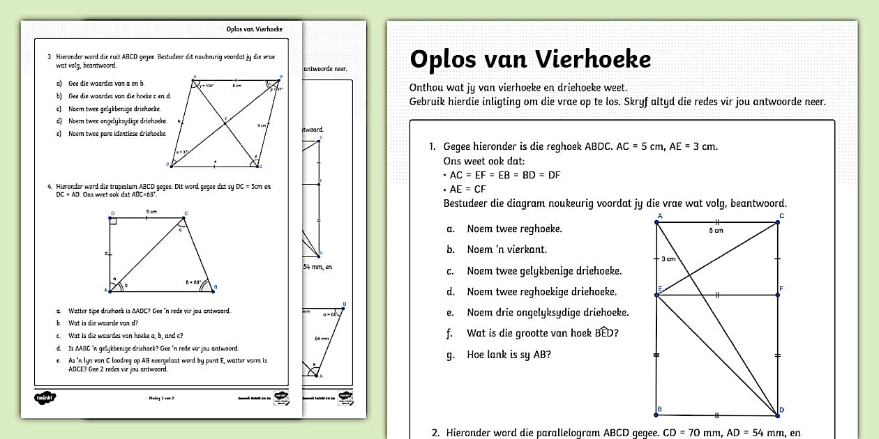 Oplos van vierhoeke: Aktiwiteitsblad (teacher made) - Twinkl
