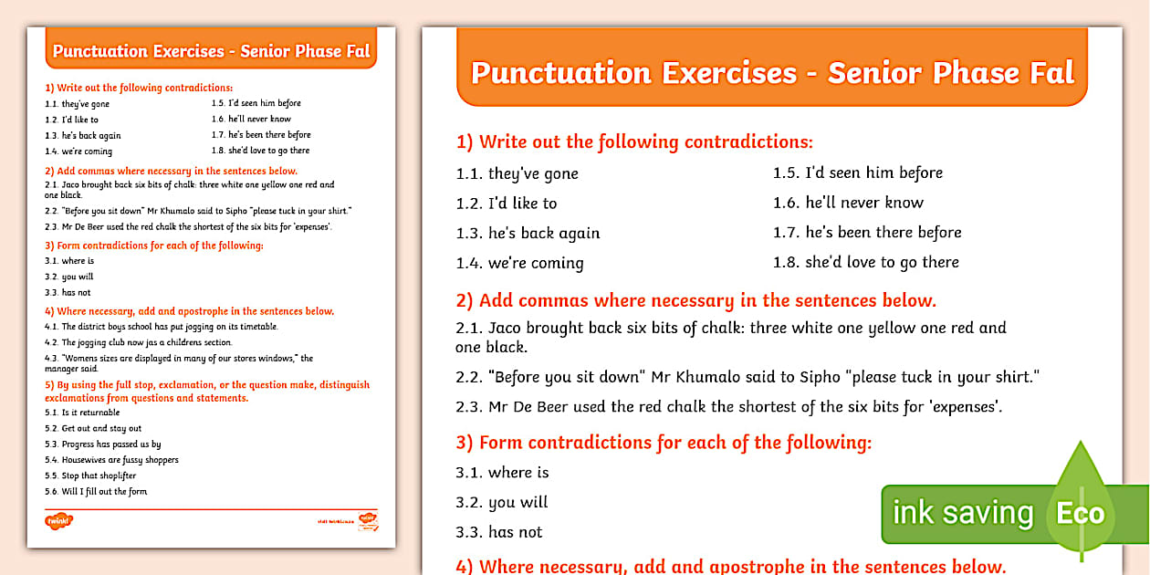 Punctuation Exercises - SP FAL (teacher made) - Twinkl