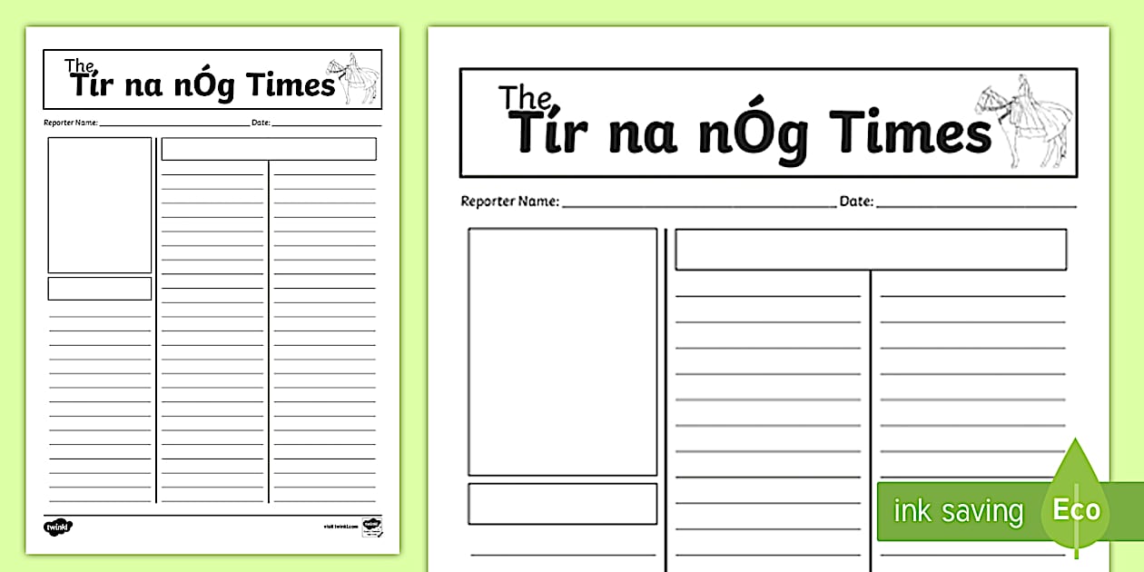 Black and White Tír na nÓg Newspaper Writing Activity