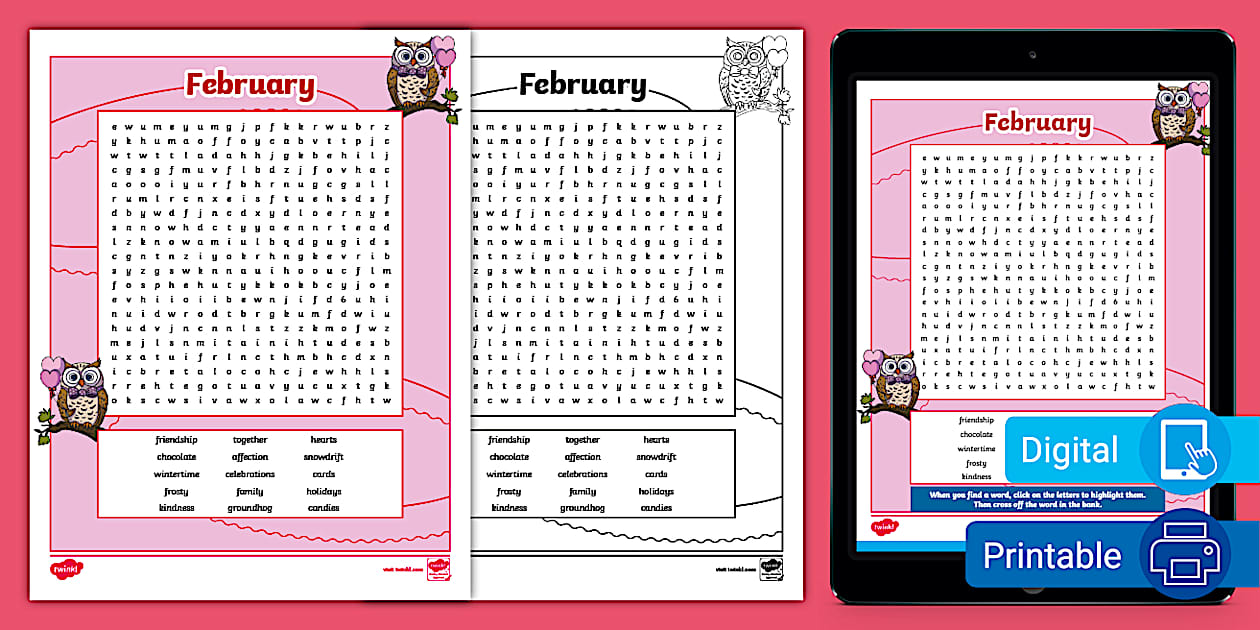 February Word Search for 3rd-5th Grade