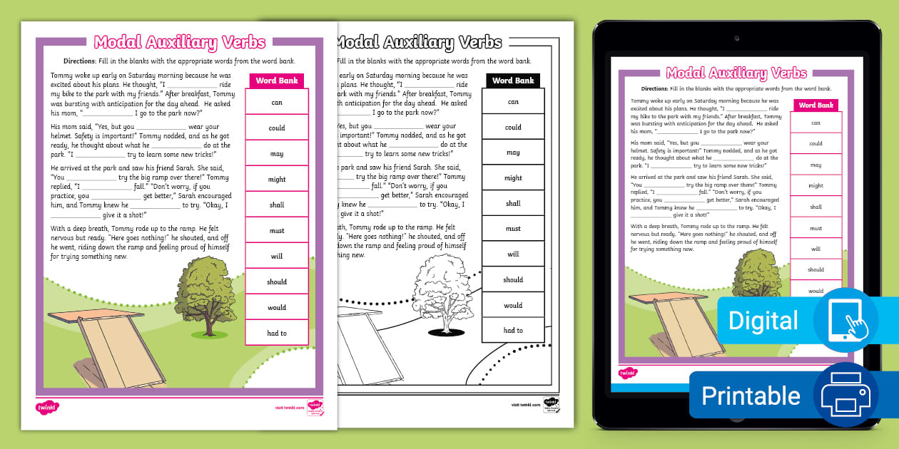 Fourth Grade Modal Auxiliary Verbs Cloze Reading Worksheet