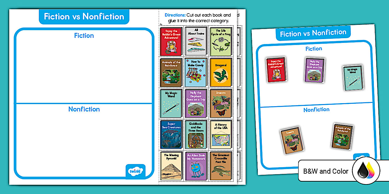 Nonfiction and Fiction Book Titles Cut and Paste Sorting Worksheet for ...