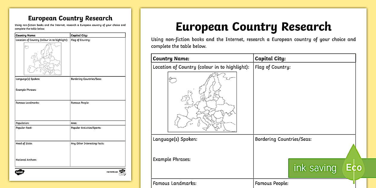 European Country Research Worksheet / Worksheet - Twinkl