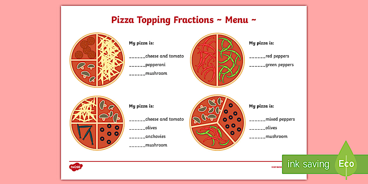 Pizza Topping Fractions Menu Worksheet / Worksheet - Pizza Fractions ...