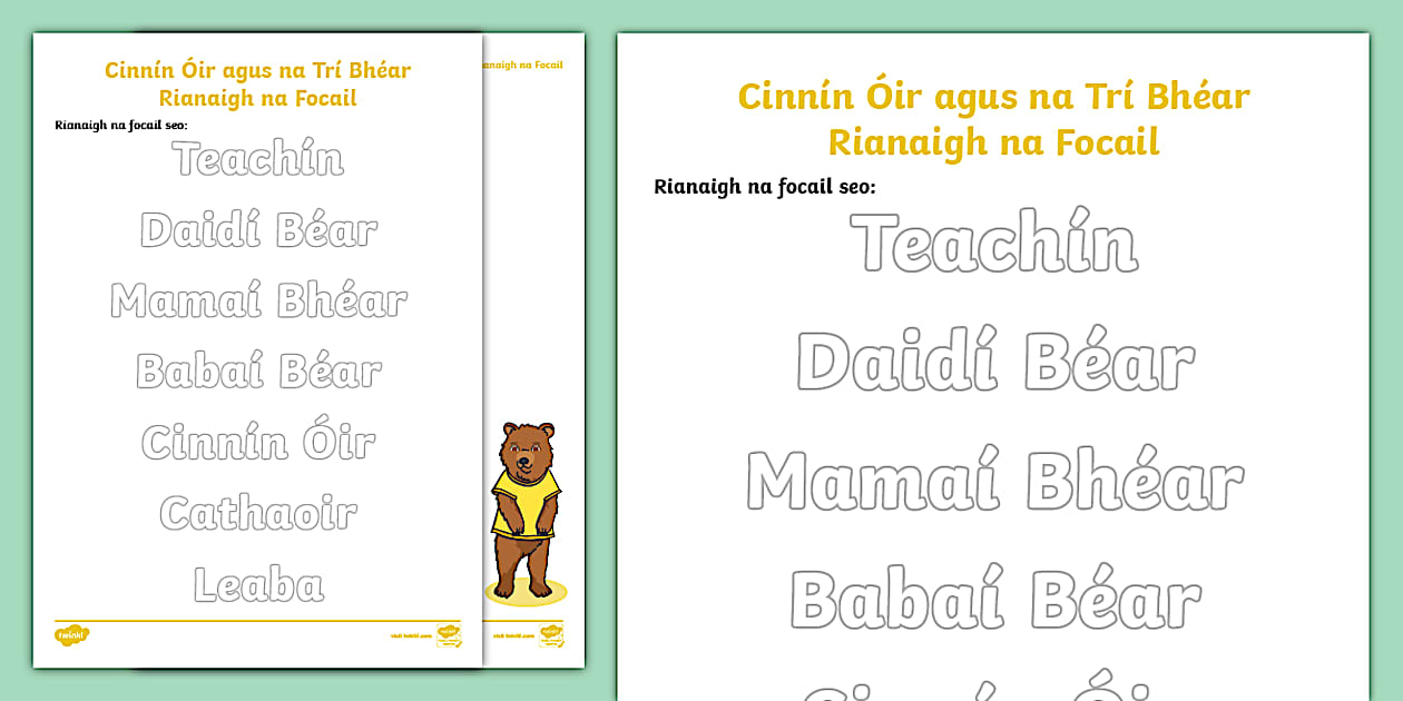 Cinnín Óir agus na Trí Bhéar Rianaigh na Focail - Twinkl