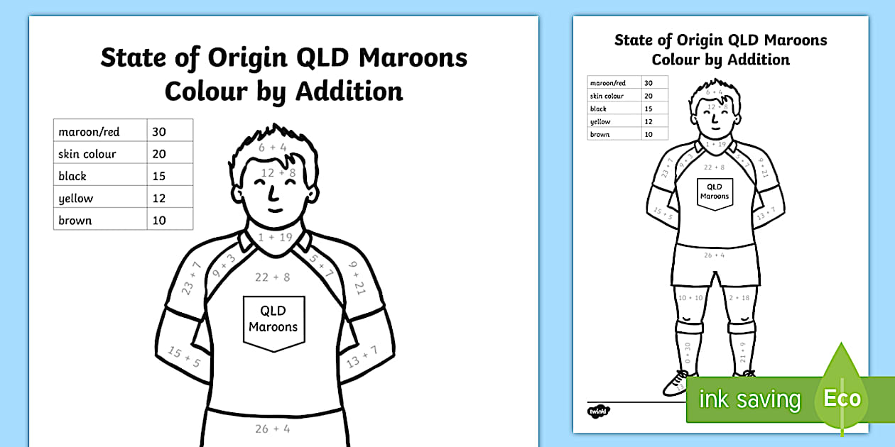 NSW State of Origin QLD Maroons Colour by Addition Colouring Page