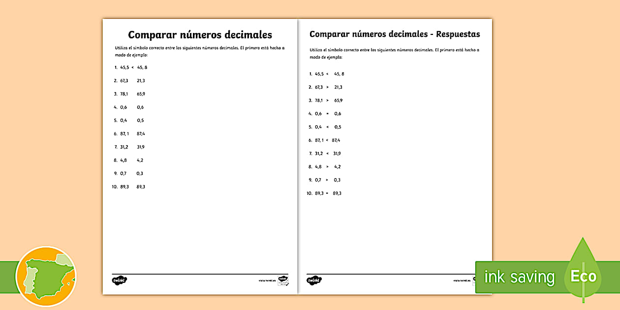 Ficha de actividad: Comparar números decimales - Twinkl
