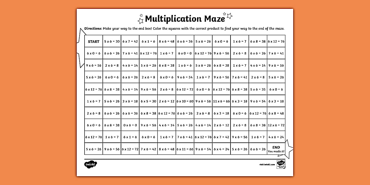 Math Multiplication Maze x 6 Activity for 3rd-5th Grade
