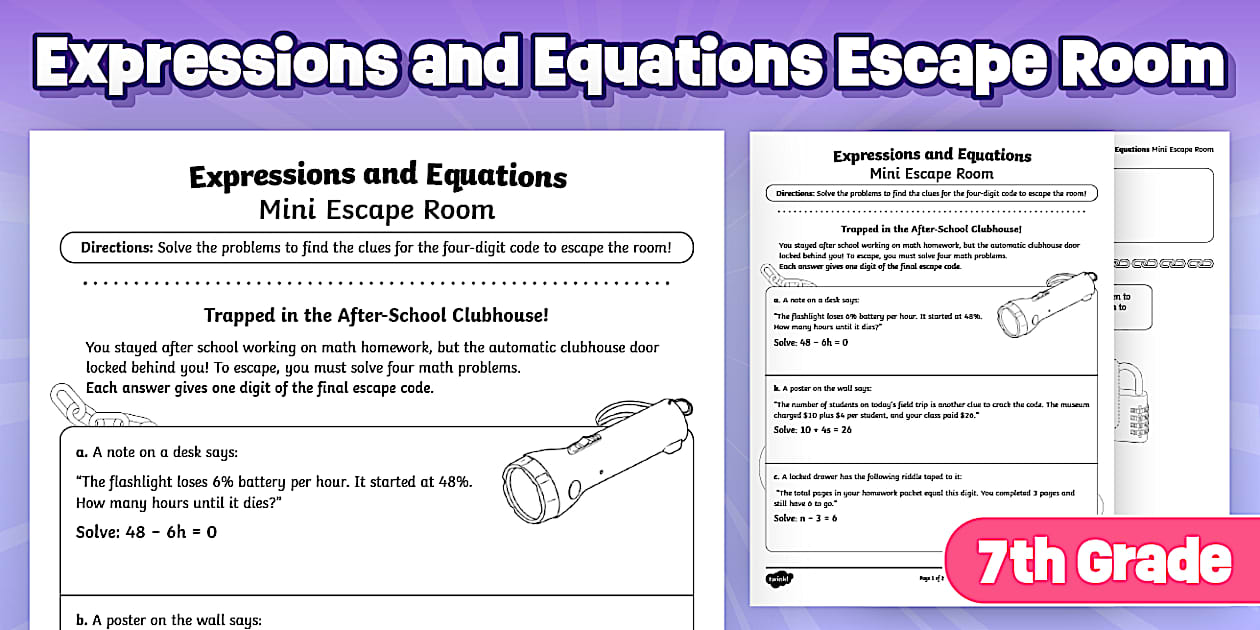 Seventh Grade Expressions and Equations Mini Escape Room Activity