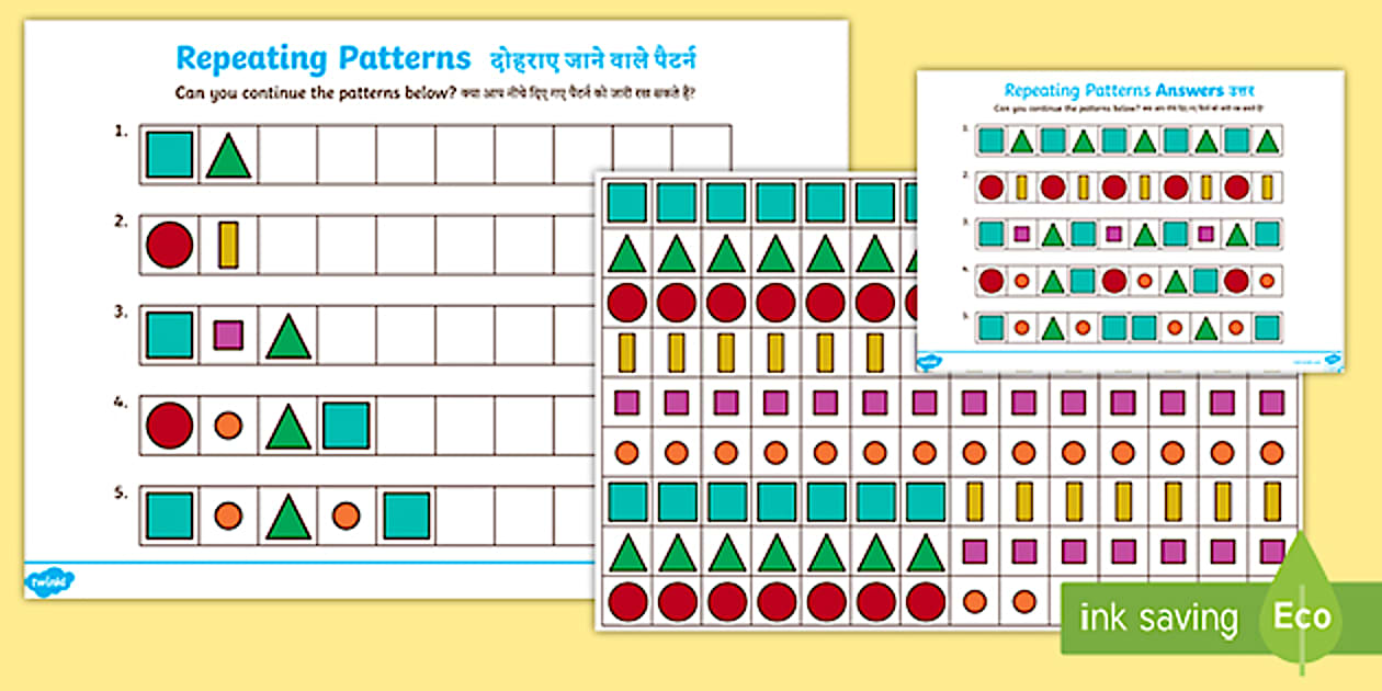 Repeating Patterns Worksheet - Foundation Stage (English/Hindi)