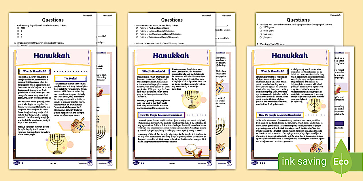 LKS2 Hanukkah Reading Comprehension (Teacher-Made) - Twinkl