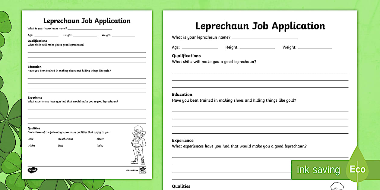 Leprechaun Job Application Writing Worksheet for 3rd-5th Grade