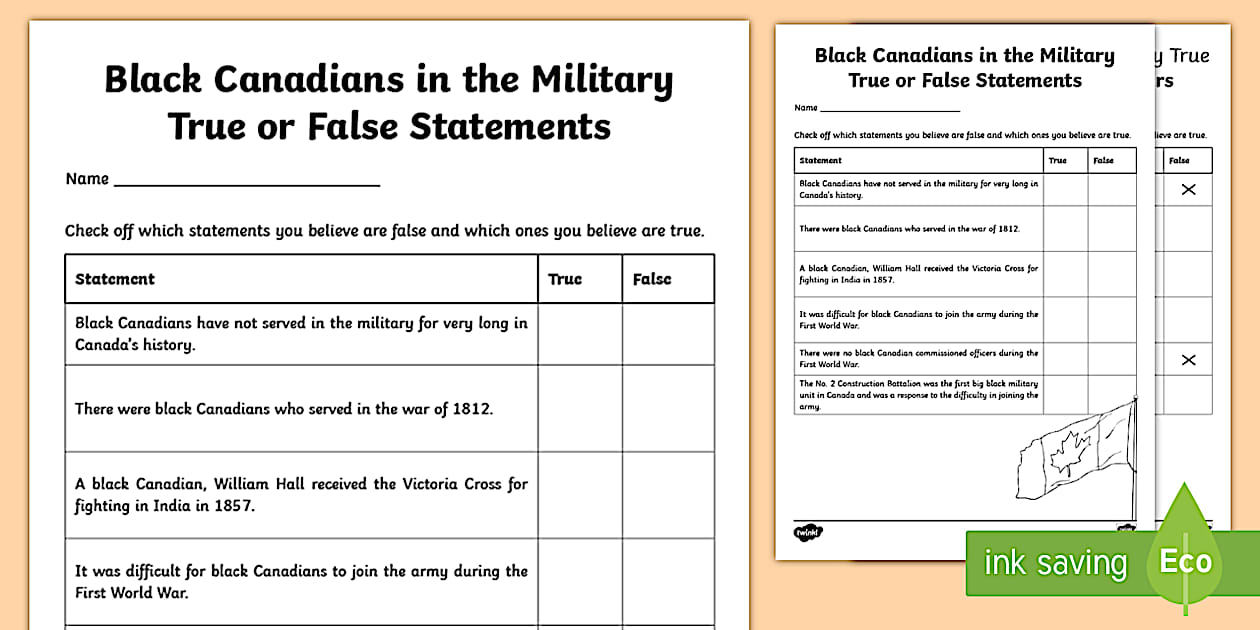 Black Canadians in the Military True or False Statements Activity