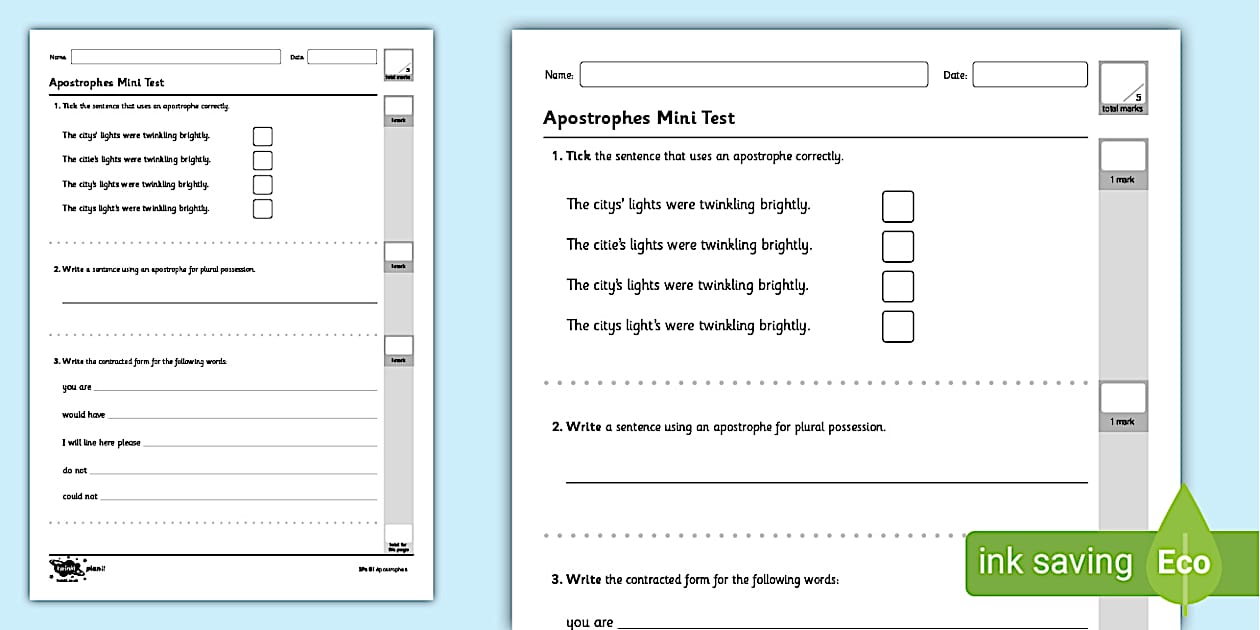 Editable Apostrophes Test (teacher made) - Twinkl