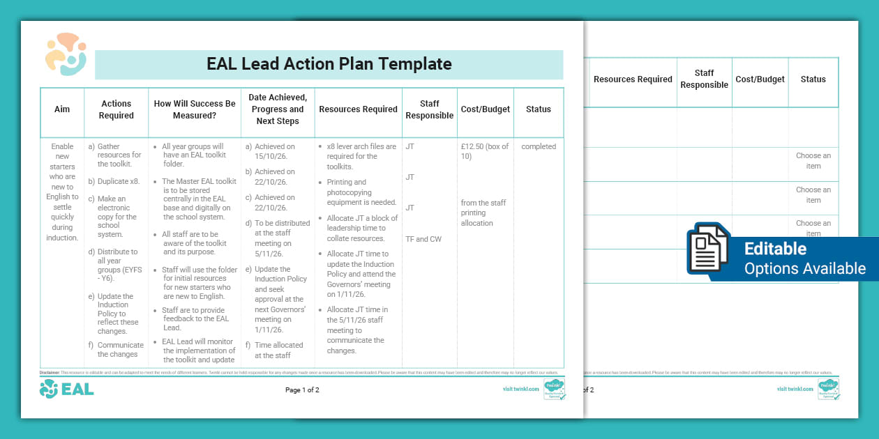 EAL Lead | EAL Action Plan Template (teacher made) - Twinkl