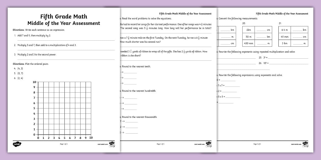 Fifth Grade Middle of the Year Math Assessment - Twinkl