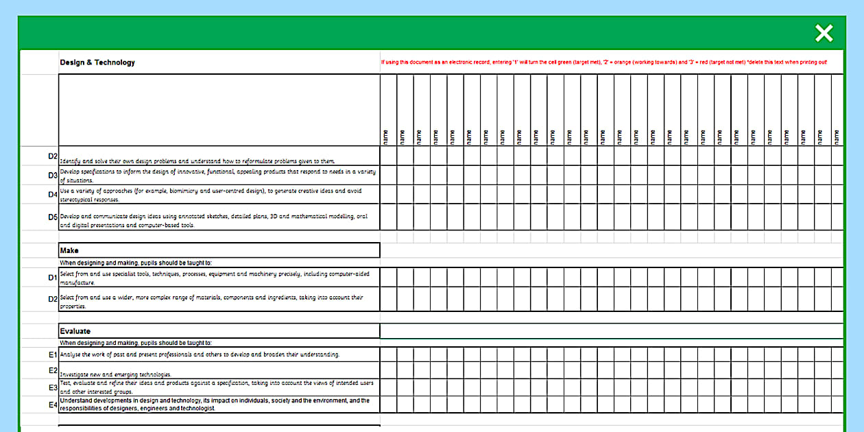 2014 Curriculum Design & Technology KS3 Assessment Spreadsheet